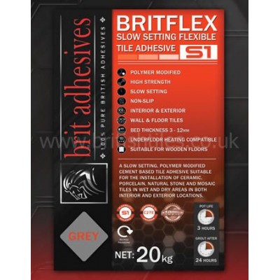 Tile Adhesives Britflex S1 Slowset grey adhesive wall & floor 20kg bag ...